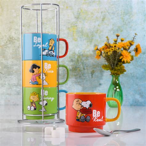 Peanuts Gentle Reminders 4 Pack 15oz Stoneware Stackable Mugs W Metal