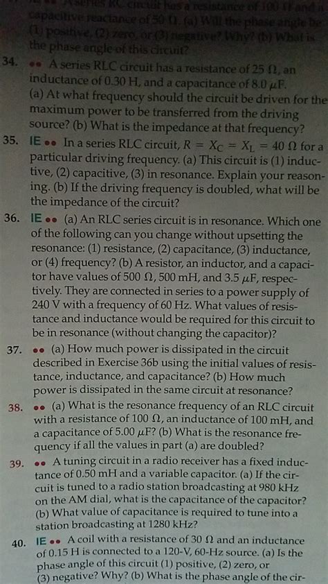 Solved 34。 A Series Rlc Circuit Has A Resistance Of 2512