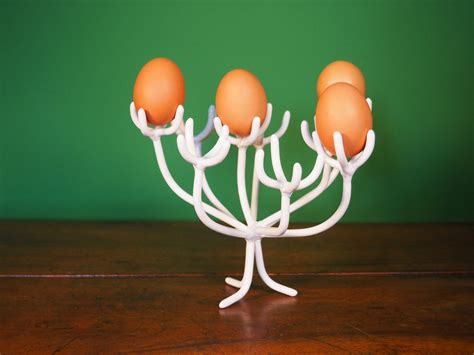 Enamelled Metal Egg Holder • Ecru White • Display Organizer Storage