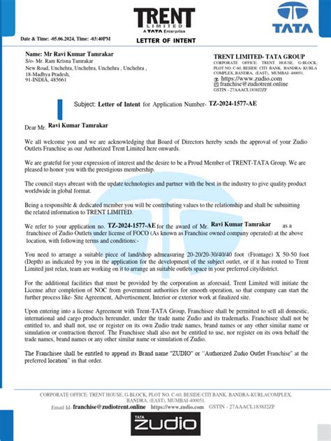 Franchise Approval Letter Of Intent To Mr Ravi Kumar Tamrakar