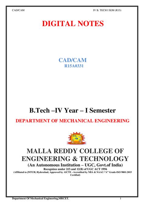 CAD CAM Digital Notes DIGITAL NOTES CAD CAM R A B IV Year I Semester DEPARTMENT OF