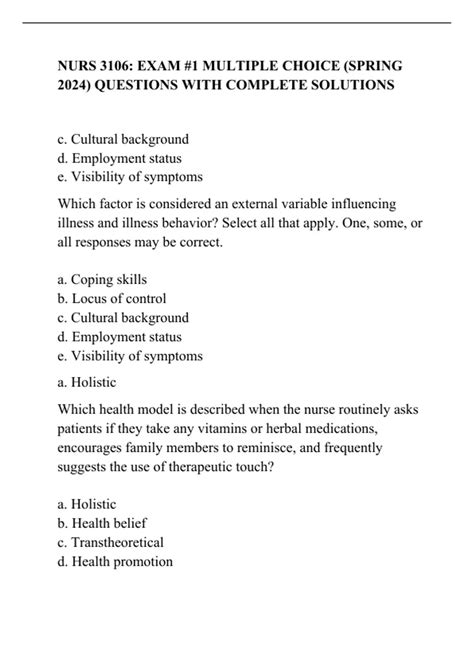 Nurs 3106 Exam 1 Multiple Choice Spring 2024 Questions With