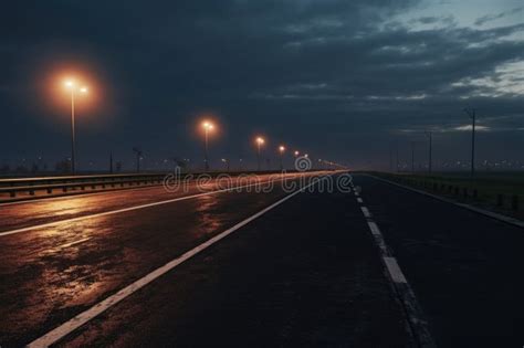 A Picture Of An Empty Highway At Night With Street Lights Perfect For