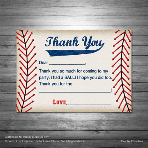 Baseball Thank You Card Instant Download Baseball Birthday Etsy