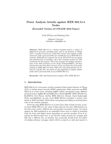 Pdf Power Analysis Attacks Against Ieee 802154 Nodes