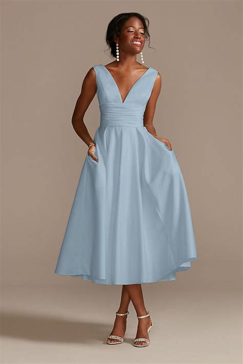 Satin V Neck Tea Length A Line Dress Davids Bridal Tea Length