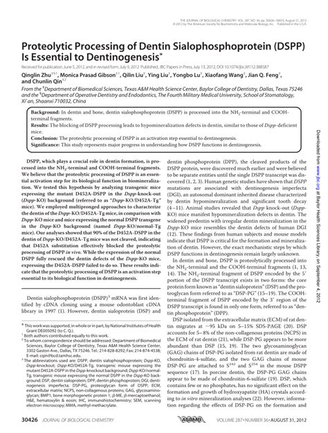 Pdf Proteolytic Processing Of Dentin Sialophosphoprotein Dspp Is