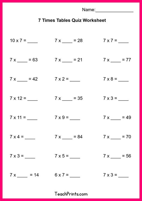 Free Seven Times Tables Worksheets 8 Versions Teach Prints