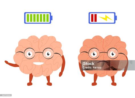 낮은 전체 수명 배터리와 귀여운 두뇌 캐릭터 피곤함과 행복 개념 흰색 배경에 고립 된 만화 벡터 일러스트레이션 슬픈 불행한 피로와 쾌활한 미소 짓는 얼굴 배터리 전원에 대한