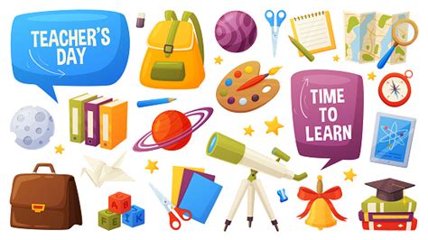 만화 학교 용품 세트입니다 책 공 태블릿 종 연필 로켓 행성 및 기타의 벡터 요소 교사의 날과 학교 배너 방문 페이지 및 웹 일러스트로 설정 가방에 대한 스톡 벡터 아트 및