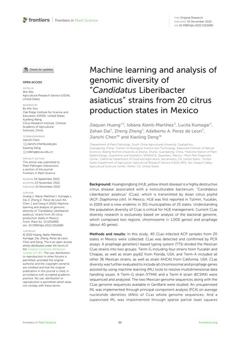 Pdf Machine Learning And Analysis Of Genomic Diversity Of Candidatus Liberibacter Asiaticus