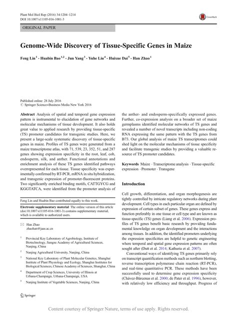 Genome Wide Discovery Of Tissue Specific Genes In Maize Request Pdf