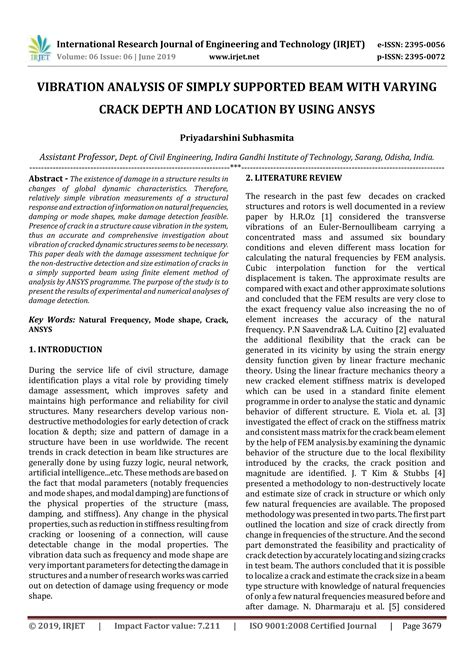 Irjet Vibration Analysis Of Simply Supported Beam With Varying Crack Depth And Location By