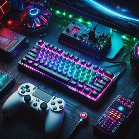 View Of Illuminated Neon Gaming Keyboard Setup And Controller Premium