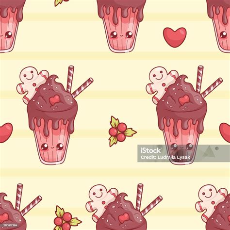 귀여운 카와이 캐릭터 유리 밀크 쉐이크와 초콜릿 디저트 진저 브레드 남자와 사탕과 함께 호랑가시나무와 심장과 노란색 줄무늬 배경에 완벽 한 크리스마스 패턴 벡터 일러스트