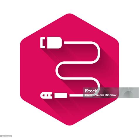 긴 그림자로 격리 된 화이트 오디오 잭 아이콘 연결 사운드 장비를 위한 오디오 케이블 플러그 와이어 악기 핑크 육각형 버튼 벡터