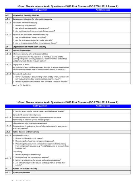 Internal Audit Checklist Questions Isms Controls Pdf Information