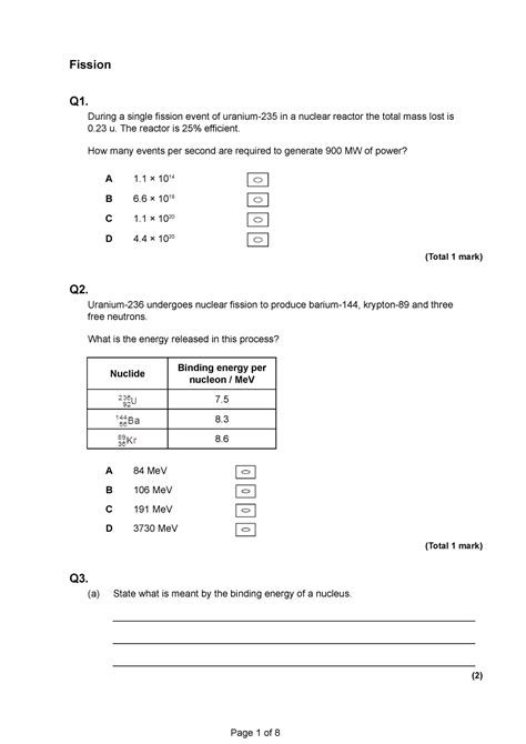 3 Fission Exam Qs Ewrerwreesgeegesg Fission Q1 During A Single