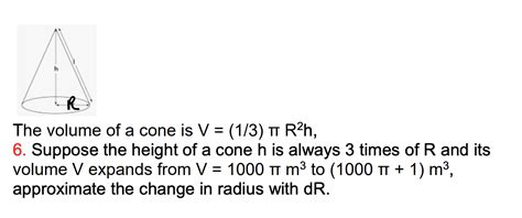 solved the volume of a cone is v 1 3 πr2h 6 suppose the