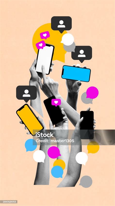 휴대 전화와 소셜 미디어 아이콘 좋아요 및 팔로워를 가진 많은 인간의 손 미디어 중독 현대 미술 콜라주 소셜 네트워킹에 대한 스톡 사진 및 기타 이미지 Istock