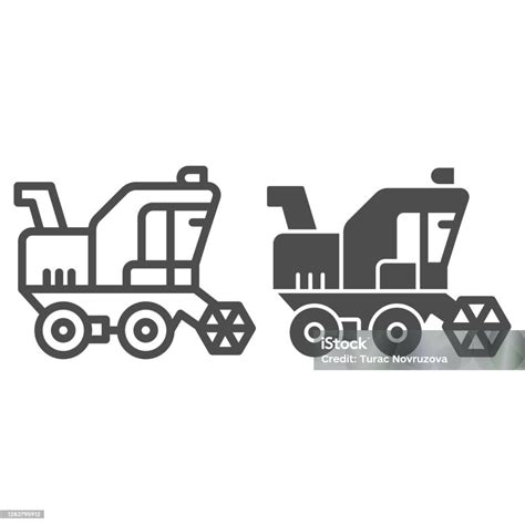 라인과 솔리드 아이콘 중장비 컨셉 농업용 차량 사인을 흰색 배경에 결합하고 모바일 컨셉과 웹 디자인을 위한 윤곽 스타일로 수확기 아이콘을 결합합니다 벡터 그래픽 콤바인에