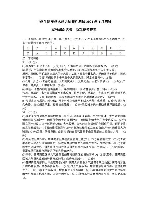 2024年1月中学生标准学术能力诊断性测试 Tda 文综答案 北京高考在线