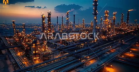 منظر السماء في وقت الغسق مع الهياكل العالية المضيئة، مجال هندسة البترول