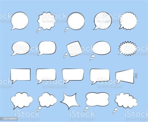 빈 만화 연설 거품의 컬렉션입니다 대화상자는 구름 의 형태로 둥근 직사각형 타원형입니다 파란색 배경에 벡터 플랫 그림입니다 개체
