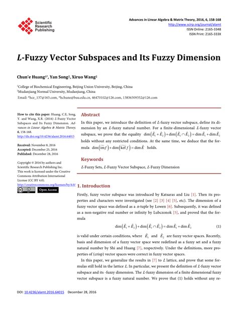 Pdf L Fuzzy Vector Subspaces And Its Fuzzy Dimension