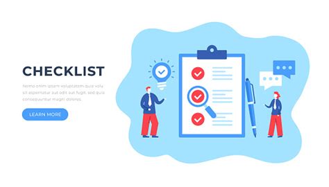 점검 표 확인 표시와 돋보기가있는 사람과 클립 보드 비즈니스 계획 작업 관리 성취 분석 퀴즈 완료 전체 작업 개념 플랫 디자인 벡터 일러스트레이션 개념에 대한 스톡 벡터