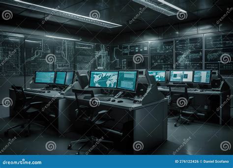 Modern Control Room, Multiple Personal Computer Monitors Showing Coding Language Program with ...
