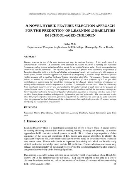 Pdf A Novel Hybrid Feature Selection Approach For The Prediction Of Learning Disabilities In
