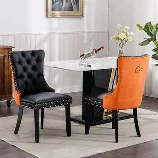 Set Of 2 Velvet And Pu Leather Upholstered Dining Chair With Button