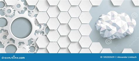 white hexagon structure gears lowpoly cloud header stock vector