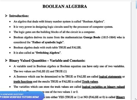 Boolean Algebra Complete Notes And Solved Problems For Class 12
