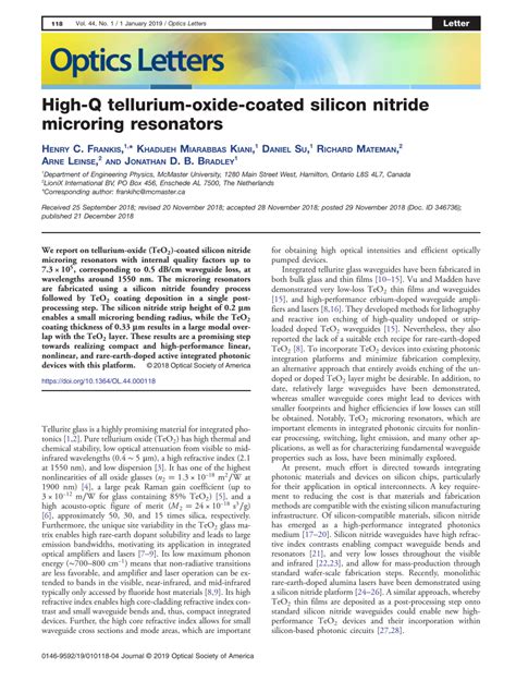 Pdf High Q Tellurium Oxide Coated Silicon Nitride Microring Resonators