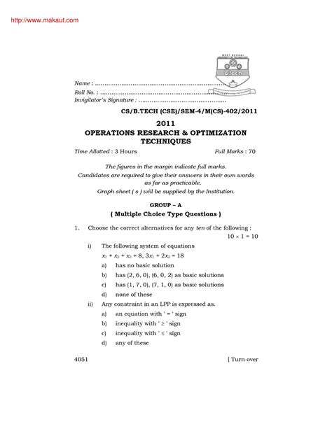 Btech Cse Sem Operations Research And Optimization Techniques Turn Over Name