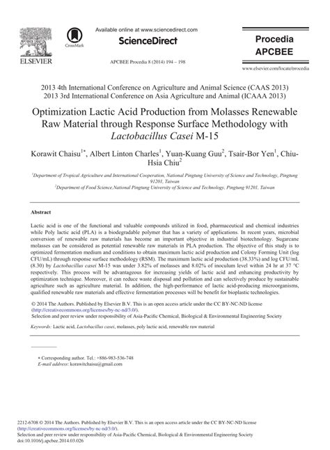 Pdf Optimization Lactic Acid Production From Molasses Renewable Raw