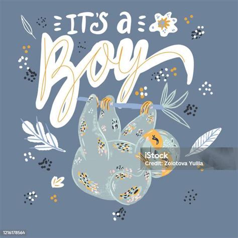 그 소년 글씨 로고 손으로 그려진 그림 파란색 배경에 흰색 서예 성별 공개 파티 벡터 인사말 카드입니다 귀여운 아기 나무늘보 엽서입니다 베이비 샤워 도착 축하 0명에 대한