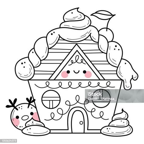어린이를위한 가와이 크리스마스 진저 브레드 하우스 색칠 페이지 만화 벡터 일러스트레이션 색칠하기에 대한 스톡 벡터 아트 및 기타