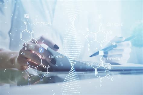 Premium Photo Dna Theme Hologram Over Womans Hands Writing Background