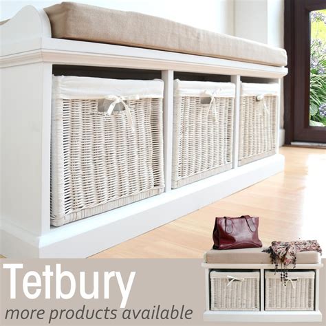 White Wicker Bench With Storage Baskets Arina Hall Tree Entryway Bench