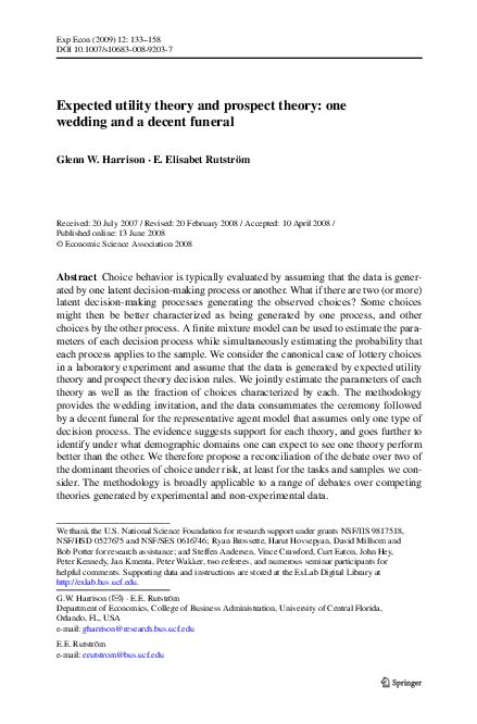 Pdf Expected Utility Theory And Prospect Theory One Wedding And A Decent Funeral