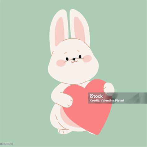 귀여운 흰 토끼가 빨간 하트를 들고 있습니다 해피 발렌타인 데이 부활절 인사말 카드 초대장 스티커 배너에 대 한 평평한 만화 토끼 캐릭터 벡터 일러스트 레이 션입니다