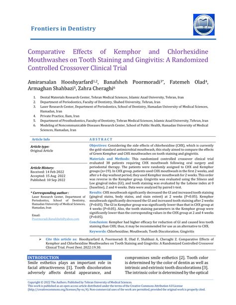 Pdf Comparative Effects Of Kemphor And Chlorhexidine Mouthwashes On Tooth Staining And