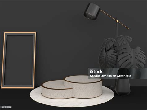 둥근 대리석 받침대 황금 테두리 꽃병 나무 램프와 검은 색 그림 프레임으로 둘러싸여 있습니다 받침대는 검은 색 배경 미니멀 리스트 블랙 3d 렌더링에 고립 된 광고에 사용할