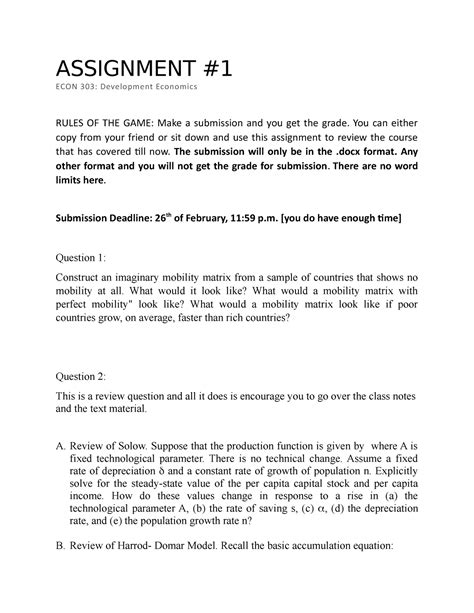Assignment 1 Econ 303 Assignment Econ 303 Development Economics