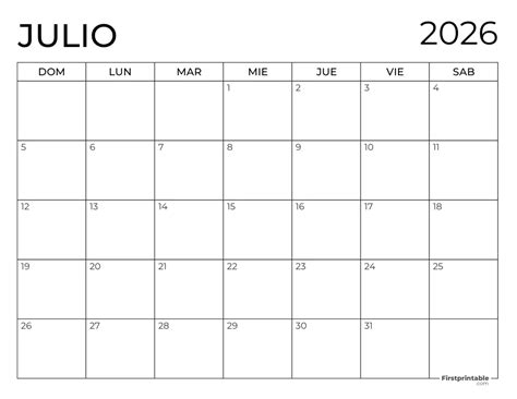 Calendario Julio 2026 Gratis Para Imprimir Y Rellenar