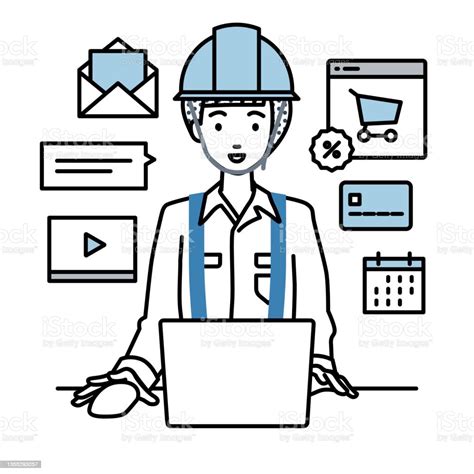 웹 사이트 검색 디지털 마케팅 결제 온라인 스토어 관리 및 책상에서 고객 지원에 랩톱 컴퓨터를 사용하여 건설 현장에서 일하는 여성 It 지원에 대한 스톡 벡터 아트 및 기타