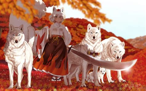 Anime Girl Kimono Sword Wolf Autumn Wallpaper Coolwallpapersme